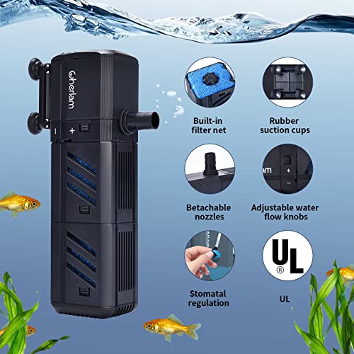 CHERLAM Submersible Aquarium Filter, 12W Internal Aquarium Filter, Adjustable Fish Tank Filter with Biological Filtration 320 GPH Water Pump for 50-150 Gal Fish Tank, Pond