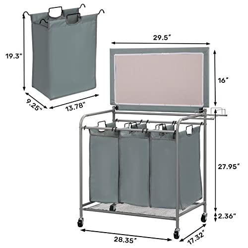 ALIMORDEN Rolling Laundry Sorter Cart with Wheels and Lid 240l Heavy Duty Laundry Hamper Sorter Basket 3 Section Room Organizer with Ironing Board and Iron Rack Blue Grey