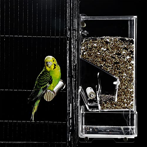 Evursua No Mess Bird Cage Feeders Automatic Parrot Seed Tube Birds Cage Accessories for Parakeet Canary Cockatiel Finch,Free Install,No Fragile (Medium- Updated Splashproof Board)