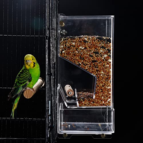 Evursua No Mess Bird Cage Feeders Automatic Parrot Seed Tube Birds Cage Accessories for Parakeet Canary Cockatiel Finch,Free Install,No Fragile (Medium- Updated Splashproof Board)