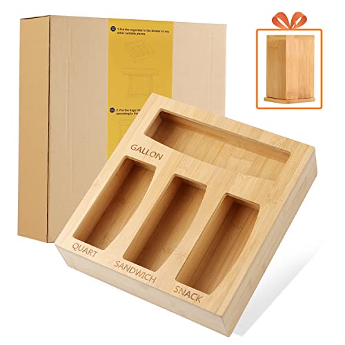 Bamboo Ziplock Bag Storage Organizer for Kitchen Drawer Large and Sturdy Ziplock Bag Organizer for Gallon, Quart, Sandwich, Snack, 8" Quart Bags, Variety Bags