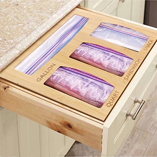 Bamboo Ziplock Bag Storage Organizer for Kitchen Drawer Large and Sturdy Ziplock Bag Organizer for Gallon, Quart, Sandwich, Snack, 8" Quart Bags, Variety Bags