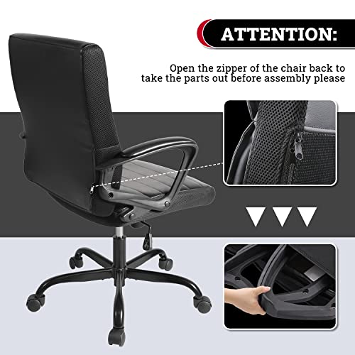 Executive Home Office Chair, Ergonomic Computer Desk Chair Bonded Leather, Adjustable Swivel Rolling Task Chairs Mid Back with Armrests