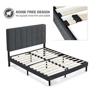 S SECRETLAND Queen Bed with Headboard, Platform Bed with Upholstered Headboard and Wood Slat Support, No Box Spring Needed, Non-Slip Without Noise, Under Bed Storage, Easy Assembly, Grey