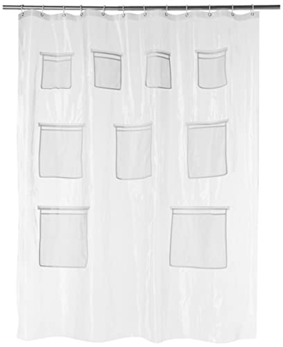 Amazon Basics 8-Gauge PEVA Shower Curtain or Liner with Mesh Storage Pockets - 72" x 72", Clear