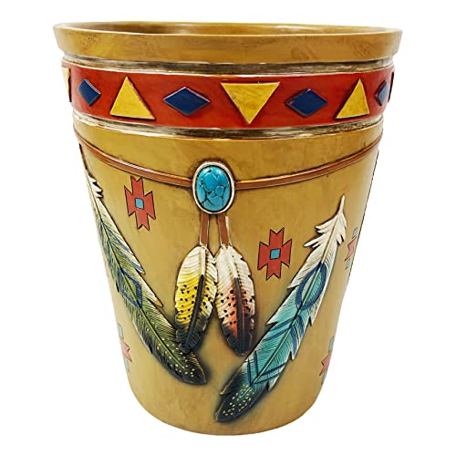 Urbalabs Indian Feather and Teal Stone Western Rustic Bathroom Trash Can Office Waste Basket Country Decor Rustic Office Garbage Can Cowboy Gun Decor Bathroom Decor Man Cave Western Waste