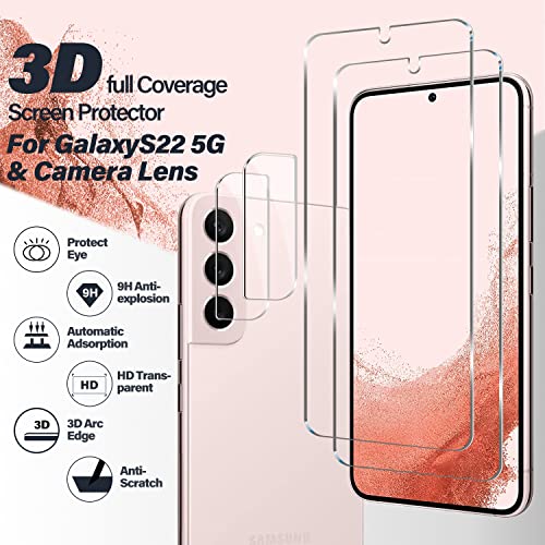 Galaxy S22 Tempered Glass Screen Protector + Camera Lens Protector [ 2 + 2 Pack ][Case Friendly] [Anti-Scratch] [Ultrasonic Fingerprint Unlock] Clear HD Glass Protective Film for Samsung Galaxy S22