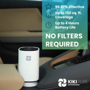 KIKI PURE PRO AIR PURIFIER & IONIZER USB-C & BATTERY POWERED (up to 4 hrs use) Portable, 5.1 inches tall, less than 1 lbs. NO REPLACEMENT FILTERS REQUIRED cup holder attachment accessory included.