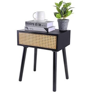 rattan nightstand, small end table with storage (no assembly required), black side tables bedside table mid-century modern style coffee table for living room bedroom balcony office