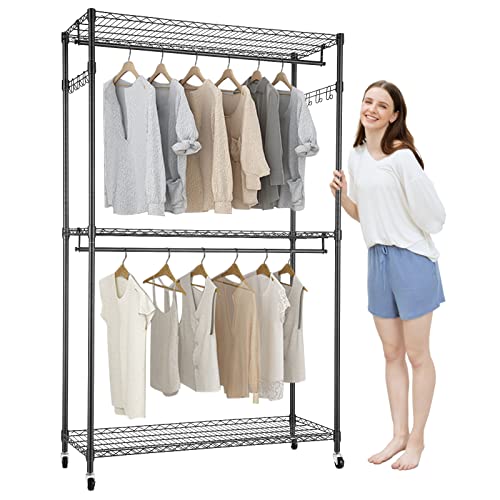 DEVO 3 Tiers Garment Racks with Storage Shelves, Heavy Duty Rolling Clothing Rack Closet Organizer, Portable Clothes Rack for hanging clothes W/Hanger Bar & Wheels & 1 Pair Side Hooks, Max Load 450LBS