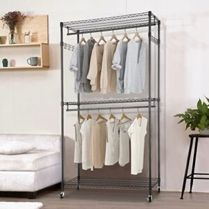 DEVO 3 Tiers Garment Racks with Storage Shelves, Heavy Duty Rolling Clothing Rack Closet Organizer, Portable Clothes Rack for hanging clothes W/Hanger Bar & Wheels & 1 Pair Side Hooks, Max Load 450LBS