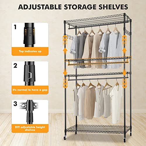 DEVO 3 Tiers Garment Racks with Storage Shelves, Heavy Duty Rolling Clothing Rack Closet Organizer, Portable Clothes Rack for hanging clothes W/Hanger Bar & Wheels & 1 Pair Side Hooks, Max Load 450LBS