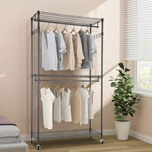 DEVO 3 Tiers Garment Racks with Storage Shelves, Heavy Duty Rolling Clothing Rack Closet Organizer, Portable Clothes Rack for hanging clothes W/Hanger Bar & Wheels & 1 Pair Side Hooks, Max Load 450LBS