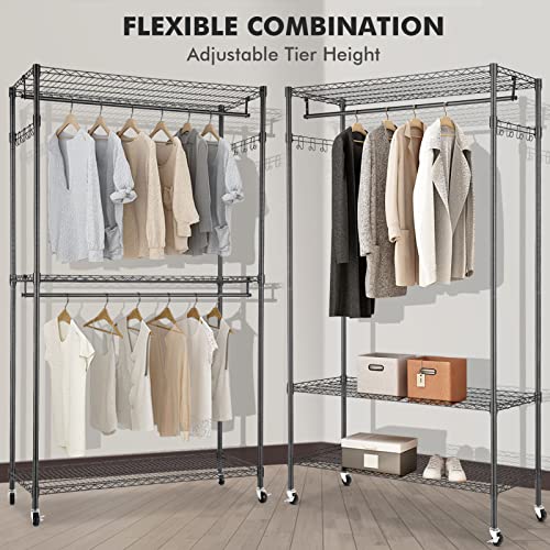 DEVO 3 Tiers Garment Racks with Storage Shelves, Heavy Duty Rolling Clothing Rack Closet Organizer, Portable Clothes Rack for hanging clothes W/Hanger Bar & Wheels & 1 Pair Side Hooks, Max Load 450LBS