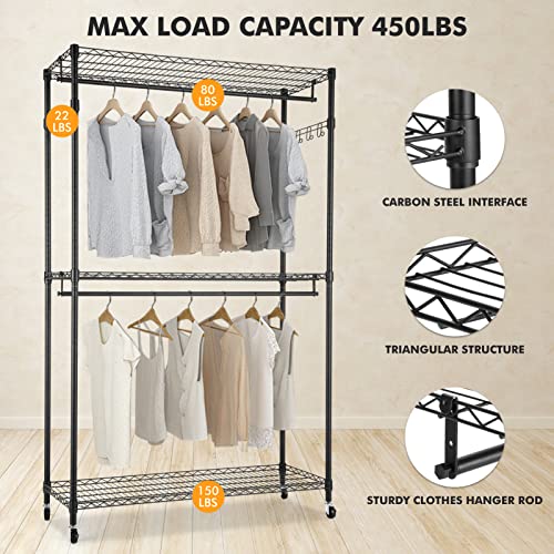 DEVO 3 Tiers Garment Racks with Storage Shelves, Heavy Duty Rolling Clothing Rack Closet Organizer, Portable Clothes Rack for hanging clothes W/Hanger Bar & Wheels & 1 Pair Side Hooks, Max Load 450LBS