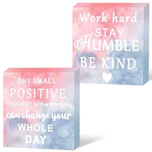 2 Pieces Stay Humble Wooden Be Kind Box Sign Positive Motivational Desk Decor Inspirational Quotes Office Women Desk Cubicle Decor Kitchen Decor for Christmas Gift Bathroom Accessories (Pink Blue)