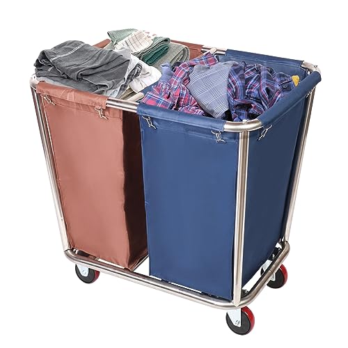 MYOYAY Laundry Cart with Wheels 350L Large Laundry Sorter 2 Section Laundry Basket with Steel Frame and Removable Bag Laundry Hamper Rolling Cart for Commercial/Home/Hotel, 35.4" x 25.5" x 32.2 "