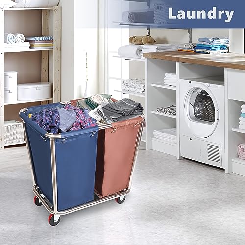 MYOYAY Laundry Cart with Wheels 350L Large Laundry Sorter 2 Section Laundry Basket with Steel Frame and Removable Bag Laundry Hamper Rolling Cart for Commercial/Home/Hotel, 35.4" x 25.5" x 32.2 "