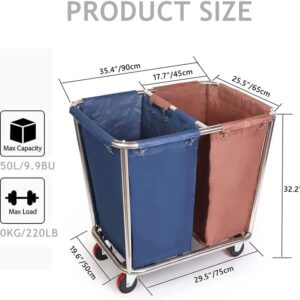 MYOYAY Laundry Cart with Wheels 350L Large Laundry Sorter 2 Section Laundry Basket with Steel Frame and Removable Bag Laundry Hamper Rolling Cart for Commercial/Home/Hotel, 35.4" x 25.5" x 32.2 "