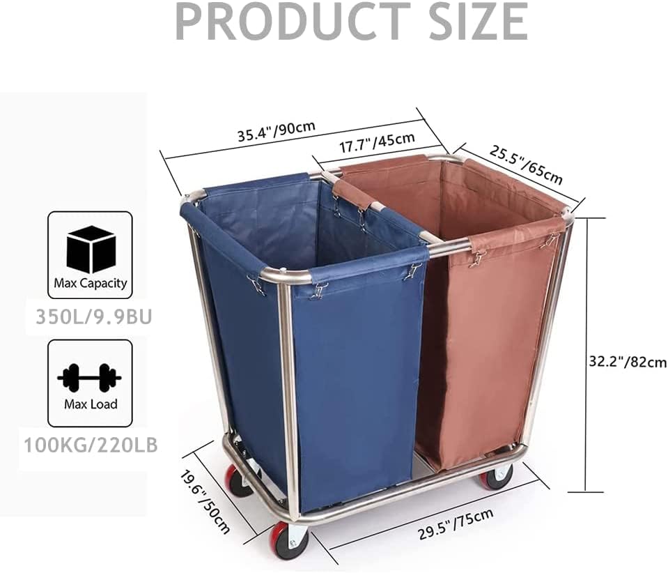 MYOYAY Laundry Cart with Wheels 350L Large Laundry Sorter 2 Section Laundry Basket with Steel Frame and Removable Bag Laundry Hamper Rolling Cart for Commercial/Home/Hotel, 35.4" x 25.5" x 32.2 "