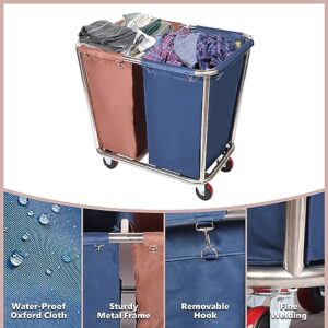 MYOYAY Laundry Cart with Wheels 350L Large Laundry Sorter 2 Section Laundry Basket with Steel Frame and Removable Bag Laundry Hamper Rolling Cart for Commercial/Home/Hotel, 35.4" x 25.5" x 32.2 "