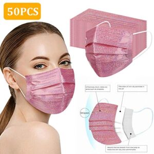 Glitter Disposable Face_Masks for Women,Pretty Sparkly Bronzing for Holiday Party Wedding-Pink White Gold Rainbow 50Pcs (50pc-Pink)