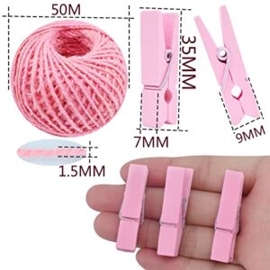 BronaGrand 50 Pieces Pink Wooden Clothespins Photo Clips Wood Laundry Peg Pins Craft Clips with 50 Meters Twine for DIY Projects Handicrafts Home Decoration