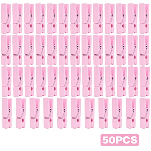 BronaGrand 50 Pieces Pink Wooden Clothespins Photo Clips Wood Laundry Peg Pins Craft Clips with 50 Meters Twine for DIY Projects Handicrafts Home Decoration