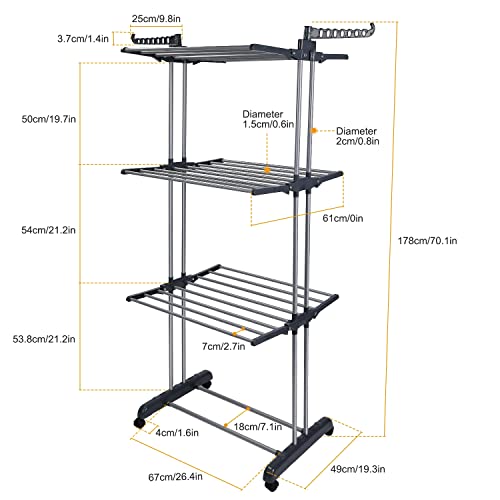 Moclever Clothes Drying Rack,3-Tier Collapsible Rolling Dryer Clothes Hanger Adjustable Large Stainless Steel Garment Laundry Racks with Foldable Two Side Wings Grey Indoor Outdoor