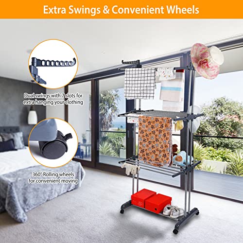 Moclever Clothes Drying Rack,3-Tier Collapsible Rolling Dryer Clothes Hanger Adjustable Large Stainless Steel Garment Laundry Racks with Foldable Two Side Wings Grey Indoor Outdoor