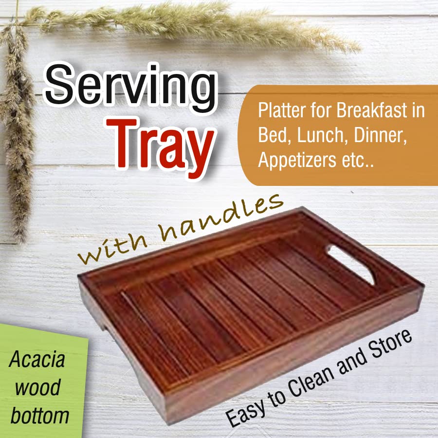 Wood Serving Trays for Dining Table, Wooden Serving Trays with Handles, Rustic Nesting Trays, Breakfast Tray, Coffee Table, Party Tray, Rectangular, Brown Wooden Tray, Table Decor.