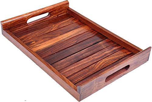 Wood Serving Trays for Dining Table, Wooden Serving Trays with Handles, Rustic Nesting Trays, Breakfast Tray, Coffee Table, Party Tray, Rectangular, Brown Wooden Tray, Table Decor.