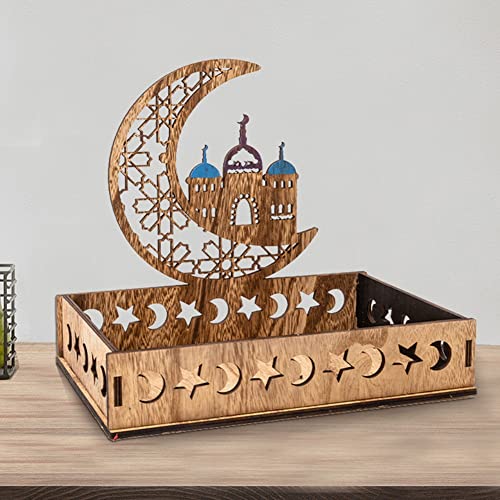 Likense Ramadan Serving Tray, Wooden Eid Ramadan Mubarak Serving Tray Eid Moon Star Shape Pastry Tray Wood Dessert Plate Table Decoration for DIY Home Dessert Cupcake Rustic Biscuit Snack