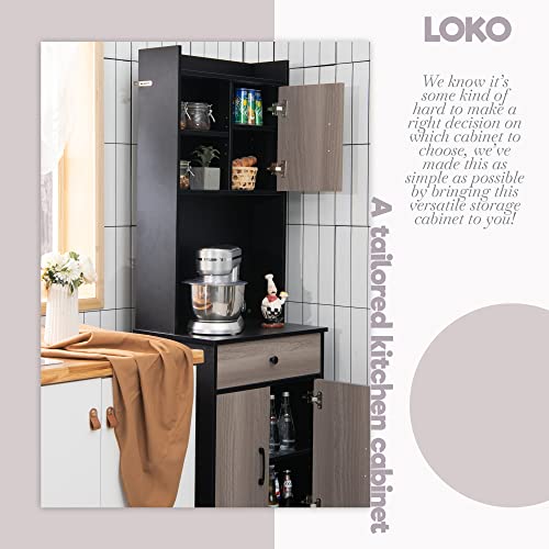 LOKO Kitchen Pantry Storage Cabinet, Compact Kitchen Cabinet with Hutch, Pantry Cabinet with Doors and Shelves, Kitchen Storage Cabinet with Microwave Stand & Drawers, 24 x 16 x 71 inches (Black)