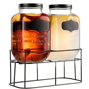 Royalty Art Dual Mason Jar Drink Dispensers with Metal Stand (4-Liters Each) Leakproof, Easy-Pull Spigots and Screw-On Lids Clear, Heavy-Duty Glass Chalkboard Sticker Labels