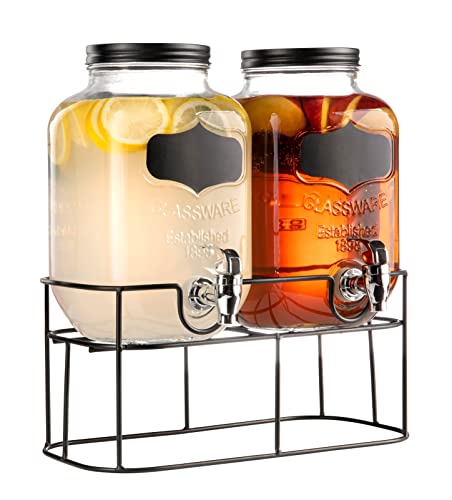 Royalty Art Dual Mason Jar Drink Dispensers with Metal Stand (4-Liters Each) Leakproof, Easy-Pull Spigots and Screw-On Lids Clear, Heavy-Duty Glass Chalkboard Sticker Labels