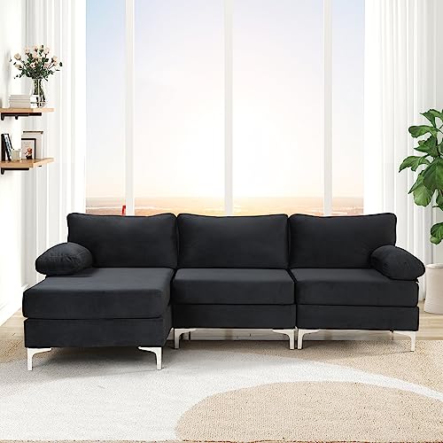 Casa Andrea Milano llc Modern Large Velvet Fabric Sectional Sofa L Shape Couch with Extra Wide Chaise Lounge, Black