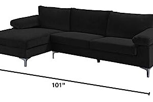 Casa Andrea Milano llc Modern Large Velvet Fabric Sectional Sofa L Shape Couch with Extra Wide Chaise Lounge, Black