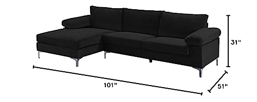 Casa Andrea Milano llc Modern Large Velvet Fabric Sectional Sofa L Shape Couch with Extra Wide Chaise Lounge, Black