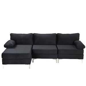 Casa Andrea Milano llc Modern Large Velvet Fabric Sectional Sofa L Shape Couch with Extra Wide Chaise Lounge, Black