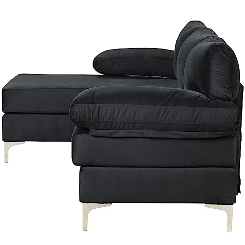 Casa Andrea Milano llc Modern Large Velvet Fabric Sectional Sofa L Shape Couch with Extra Wide Chaise Lounge, Black