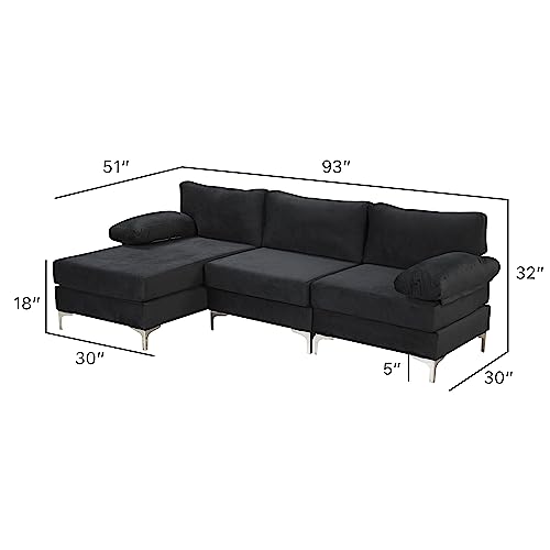 Casa Andrea Milano llc Modern Large Velvet Fabric Sectional Sofa L Shape Couch with Extra Wide Chaise Lounge, Black