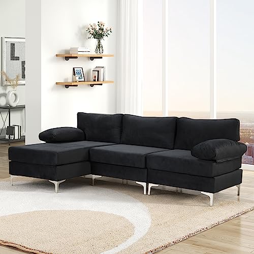 Casa Andrea Milano llc Modern Large Velvet Fabric Sectional Sofa L Shape Couch with Extra Wide Chaise Lounge, Black