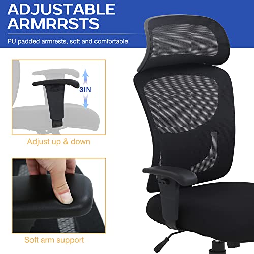 BestOffice Ergonomic Office 400lbs Wide Seat Executive Desk Lumbar Support Adjustable Armrest Headrest High Back Mesh Computer Rolling Swivel Task Chair(Black)