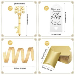 100 Sets Vintage Key Bottle Opener Wedding Favors, Wedding Party Souvenir Gift for Guests with Thank You Tag Card Pillow Candy Box and Satin Ribbon (Gold)