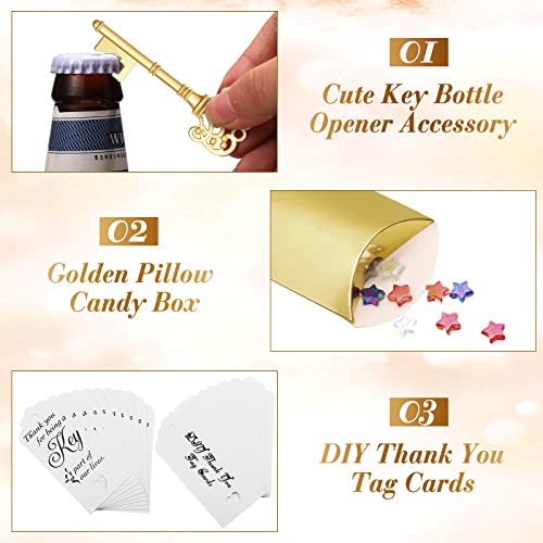 100 Sets Vintage Key Bottle Opener Wedding Favors, Wedding Party Souvenir Gift for Guests with Thank You Tag Card Pillow Candy Box and Satin Ribbon (Gold)