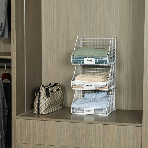 Foldable Closet Organizers and Storage, Wall Mount&Cabinet Wire Basket, Stackable Storage Bins with Nameplate Storage Toys Clothes Snack, Trapezoidal Organizers for Bedroom, Living Room Pantry Kitchen