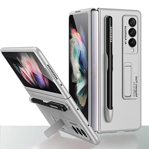 Miimall Compatible for Samsung Galaxy Z Fold 3 Case with Pen Holder, Slim Folding Kickstand Anti-Drop Shockproof Bumper Cover Cases for Galaxy Z Fold 3 5G (Silver)