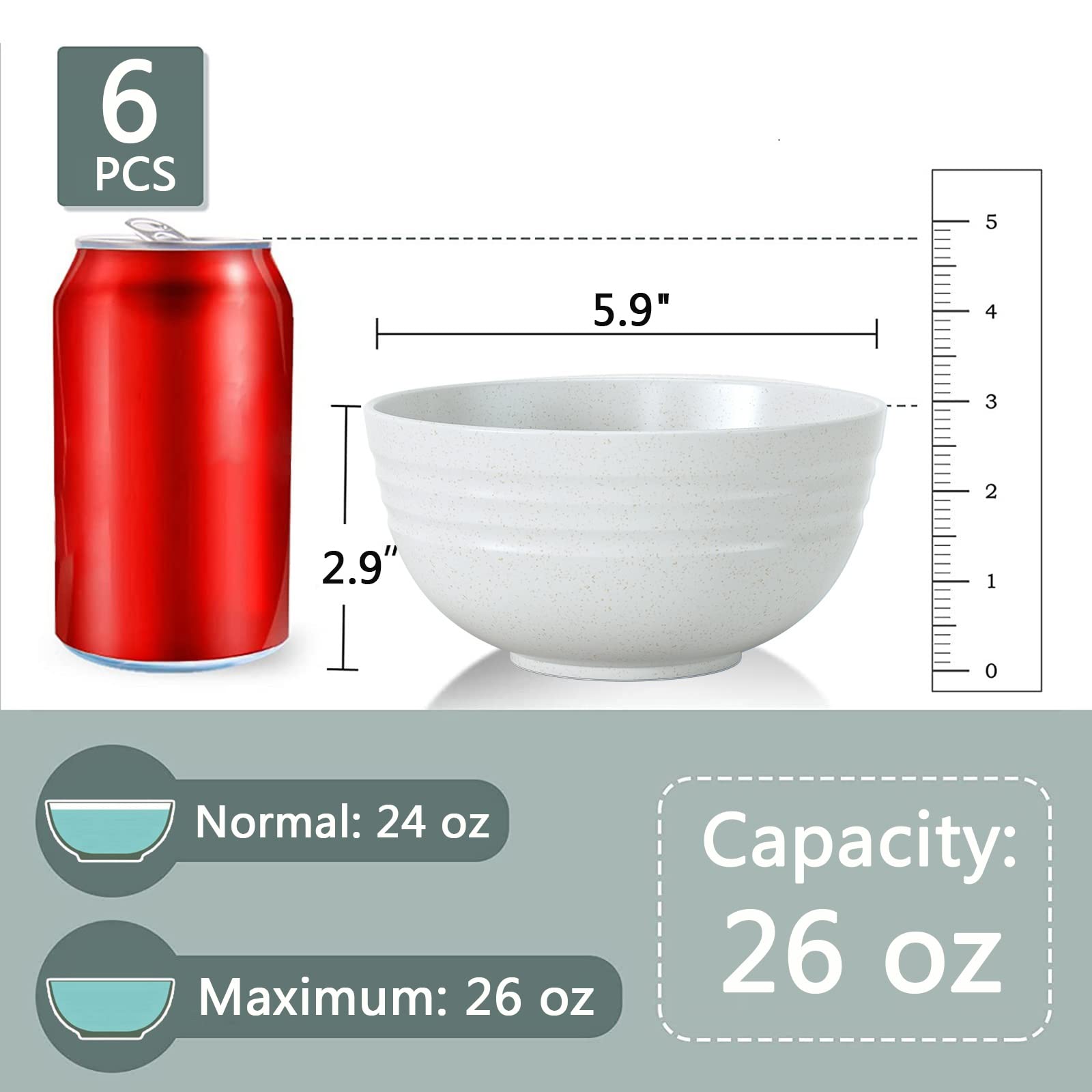 【Set Of 6】Unbreakable Cereal Bowls, 25 OZ Wheat Straw Bowls Microwave and Dishwasher Safe BPA-Free Eco-Friendly Bowl Beige Color for Cereal, Serving ,Soup, Oatmeal, Pasta and Salad（NOT CERAMIC）