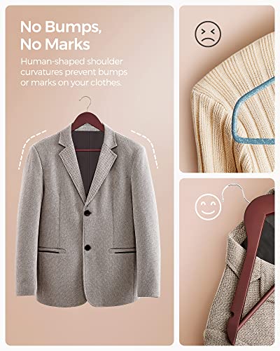 SONGMICS Rubber Coated Wooden Hangers, 20-Pack Clothes Wood Hangers, Non-Slip Coat Hangers, Rubber Hangers with Shoulder Grooves and 360° Swivel Hook, for Suits Shirts Coats, Cherry UCRW011K02